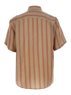 Saint Laurent Beige Shirt With Cassandre Embroidery On The Front And All-over Striped Motif In Cupro For - Multicolor