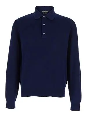 TOM FORD Blue Polo Shirt With Classic Collar And Front Button Closure In Silk And Cotton Blend For - Multicolor