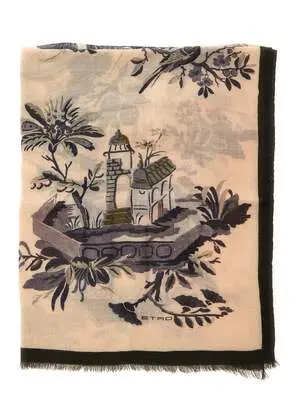 Etro Boheme' Beige Scarf With Logo Lettering And All-over Print In Cotton And Modal For - Multicolor