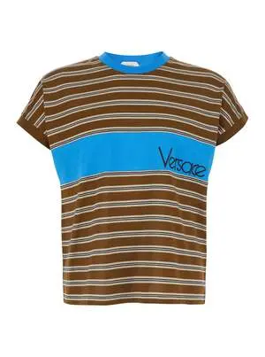 Versace Brown T-shirt With Striped Motif And Logo Lettering On The Front In Cotton - Multicolor