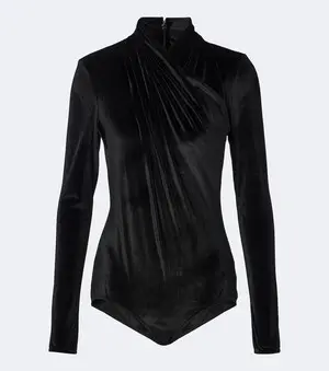 MUGLER Draped Velvet Bodysuit - Black