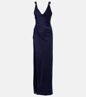 Versace Medusa Draped Ruched Jersey Gown - Blue