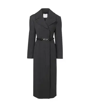 Sportmax Belted Herringbone Virgin Wool Coat - Grey