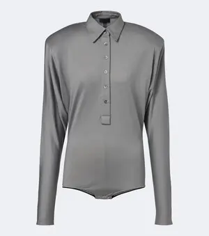 MUGLER Wool-blend Jersey Polo Bodysuit - Grey
