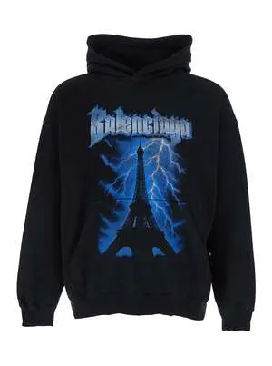 Balenciaga Hoodie With Fixed Hood And Maxi Logo Print On The Front In Cotton For - Black