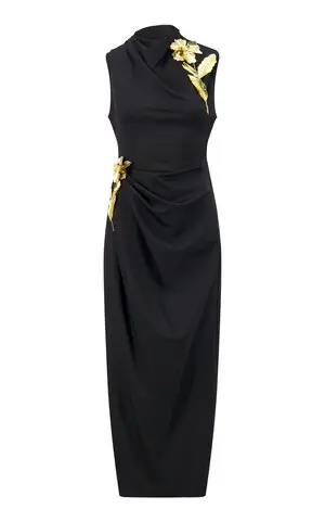 Lela Rose 3d Metallic Embroidered Satin Jersey Column Dress - Black
