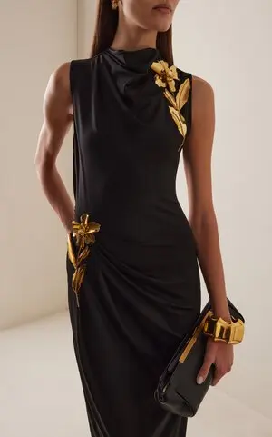 Lela Rose 3d Metallic Embroidered Satin Jersey Column Dress