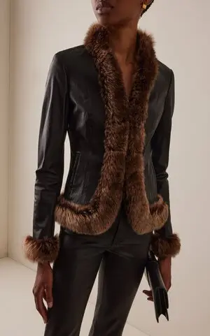 Zeynep Arçay Stretch Leather Fur-trimmed Blazer