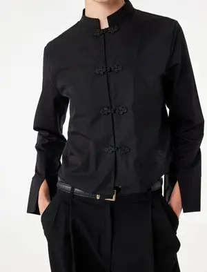 Koton Mandarin Collar Long Sleeve Poplin Shirt With Frog Closure