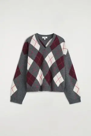 Cos Argyle Wool-alpaca V-neck Sweater - Gray