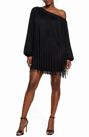 DAI MODA Off The Shoulder Fringe Minidress - Black