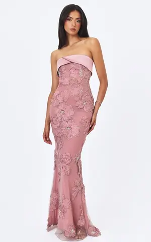 MISS CIRCLE NEW YORK Raphaela Flower Beaded Strapless Mermaid Dress - Pink