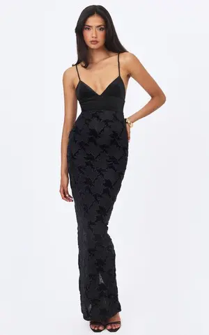MISS CIRCLE NEW YORK Quinsley Velvet Crystal Lace Maxi Dress - Black