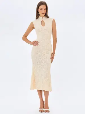 MISS CIRCLE NEW YORK Garcelle Brushed Lace Keyhole Mermaid Midi Dress