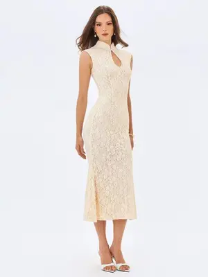 MISS CIRCLE NEW YORK Garcelle Brushed Lace Keyhole Mermaid Midi Dress