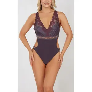 ICOLLECTION Lace Bodice Cutout Stretch Satin Teddy - Magnet
