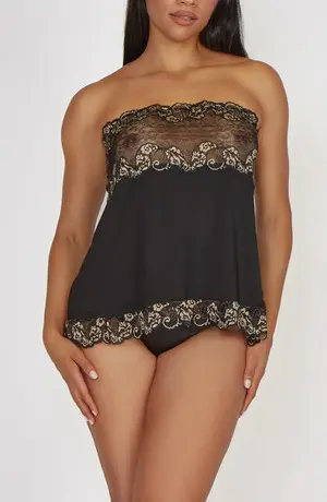 ICOLLECTION Strapless Lace Bodice Loungewear Slip Set - Black