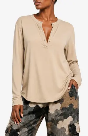DAI MODA Button Up Long Sleeve T-shirt - Beige