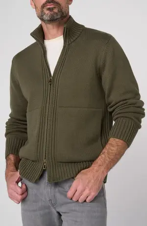 LIVERPOOL Heavyweight Cotton Blend Full Zip Sweater - Olive
