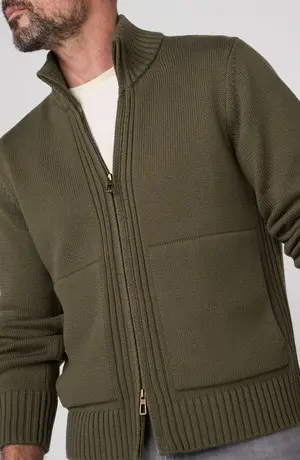LIVERPOOL Heavyweight Cotton Blend Full Zip Sweater - Olive