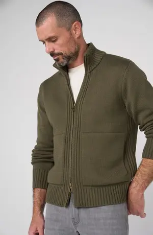 LIVERPOOL Heavyweight Cotton Blend Full Zip Sweater - Olive