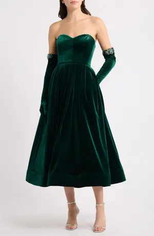 BRONX BANCO Fit & Flare Velvet Party Dress - Emerald