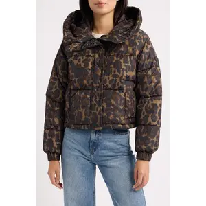 SAVE THE DUCK Rhiannon Water Resistant Funnel Neck Puffer Coat - Dark Brown Leopard