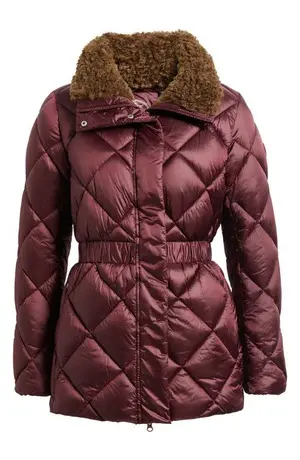 SAVE THE DUCK Mandoline Water Resistant Diamond Quilted Puffer Jacket With Faux Shearling Lining - Wine Red