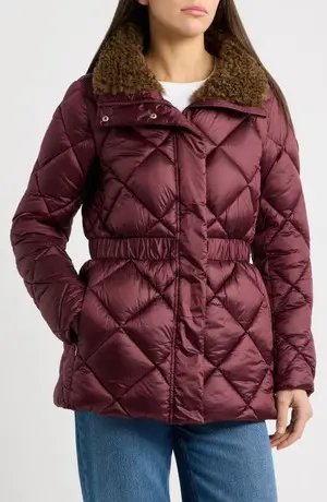 SAVE THE DUCK Mandoline Water Resistant Diamond Quilted Puffer Jacket With Faux Shearling Lining - Wine Red