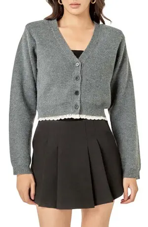 English Factory Lace Trim Cardigan - Charcoal