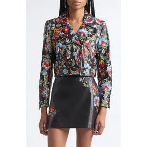 Cinq À Sept Floral Embroidered Faux Leather Moto Jacket - Black Multi