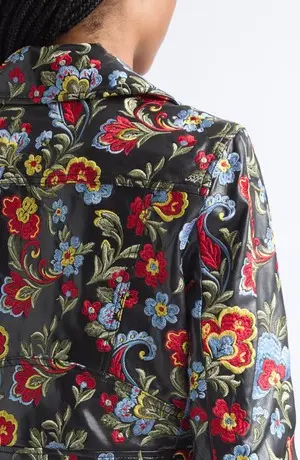 Cinq À Sept Floral Embroidered Faux Leather Moto Jacket