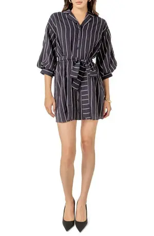 English Factory Striped Tie Waist Mini Shirtdress - Navy/white