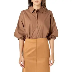 English Factory Pinstripe Balloon Sleeve Cotton Shirt Brown
