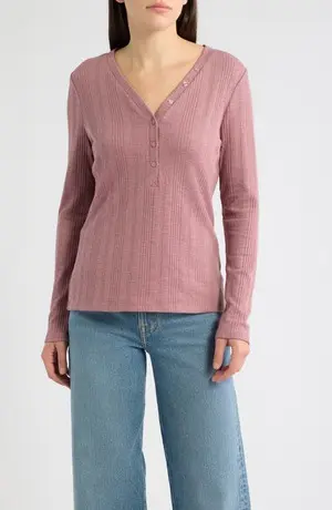 Bobeau Rib Henley Top - Mauve