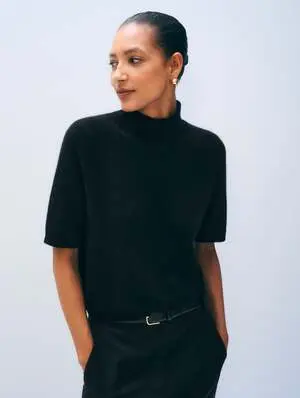 WHITE & WARREN Cashmere Mockneck Tee Top In Size - Black