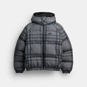 COACH Printed Plaid Puffer Jacket - Black