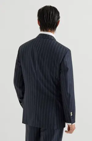 Brunello Cucinelli Super 150s Virgin Wool Wide Chalk Stripe Batavia One-and-a-half Breasted Tailor Blazer