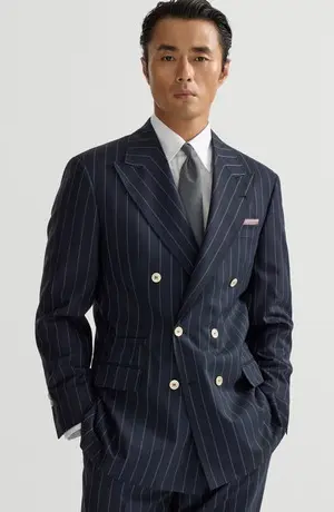 Brunello Cucinelli Super 150s Virgin Wool Wide Chalk Stripe Batavia One-and-a-half Breasted Tailor Blazer