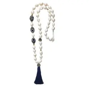 FARRA Irregular Freshwater Pearl Rhinestone Tassel Necklace - White
