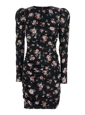 Dolce & Gabbana Black Dress With Floral Print And Side Draping In Silk For - Multicolor