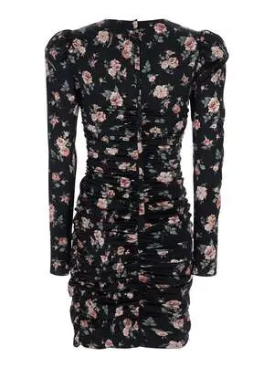 Dolce & Gabbana Black Dress With Floral Print And Side Draping In Silk For - Multicolor