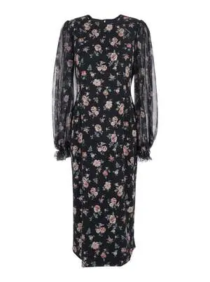 Dolce & Gabbana Black Dress With Round Neckline And All-over Floral Motif In Silk For - Multicolor