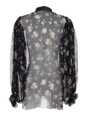 Dolce & Gabbana Black Floral Print Blouse With Front Knot In Chiffon For