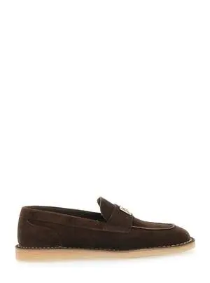 Dolce & Gabbana Brown Loafers With Logo Plate On The Front And Contrasting Stitching In Suede For - Multicolor
