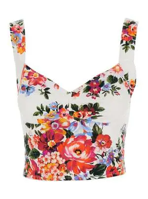 Dolce & Gabbana Floral Print V-neck Bustier Top In Cotton For - Multicolor