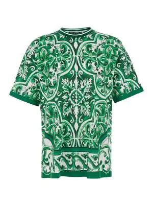 Dolce & Gabbana T-shirt With All-over Maiolica Print In Cotton For - Green