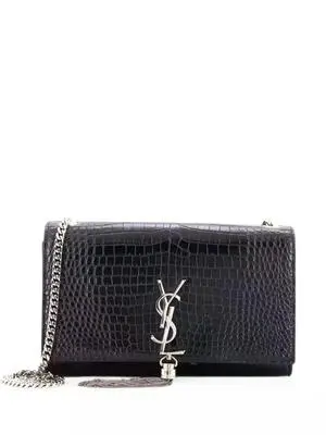 Saint Laurent Classic Monogram Tassel Crocodile Embossed Leather Medium Crossbody Bag - Black