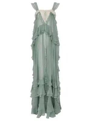 Chloé Long Organic Silk Dress With Layered Ruffles And V-neck Lace Inserts - Green