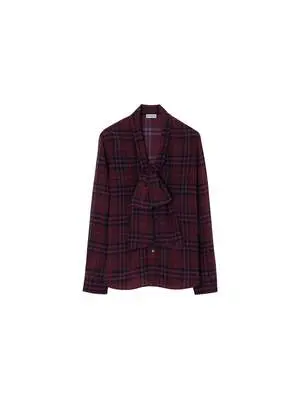 Burberry Rhiannon Silk Shirt With Check Print And Soft Bow Scarf - Violet